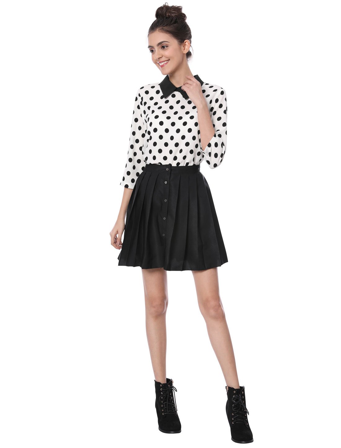 Allegra K Women's Polka Dots Contrast Peter Pan Collar Top 3/4 Sleeves Blouse Shirt X-Small White