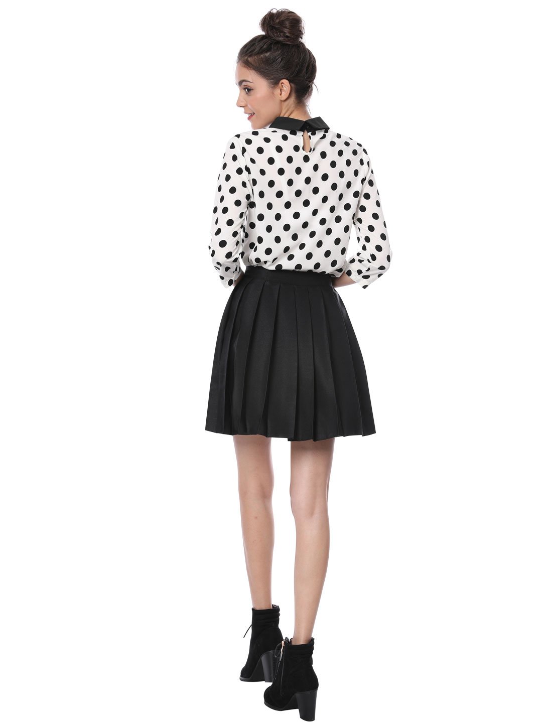 Allegra K Women's Polka Dots Contrast Peter Pan Collar Top 3/4 Sleeves Blouse Shirt X-Small White