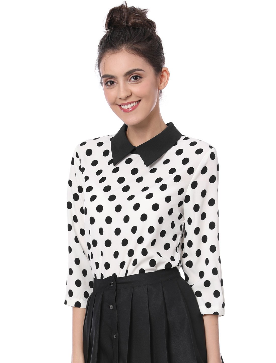 Allegra K Women's Polka Dots Contrast Peter Pan Collar Top 3/4 Sleeves Blouse Shirt X-Small White