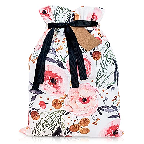 Gather & Knot Drawstring Gift Bags | 16" Medium | Premium Canvas | Reusable Fabric Wrap for Valentines, Weddings, Bridesmaids, Birthdays - All Occasion | Pink Floral