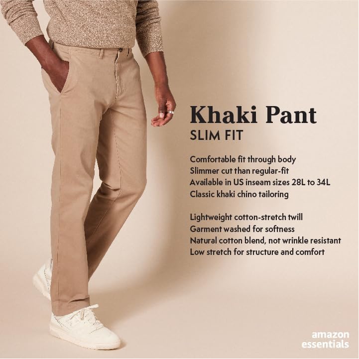 Amazon Essentials Men's Slim-Fit Casual Stretch Chino Pant, Tan, 32W x 30L