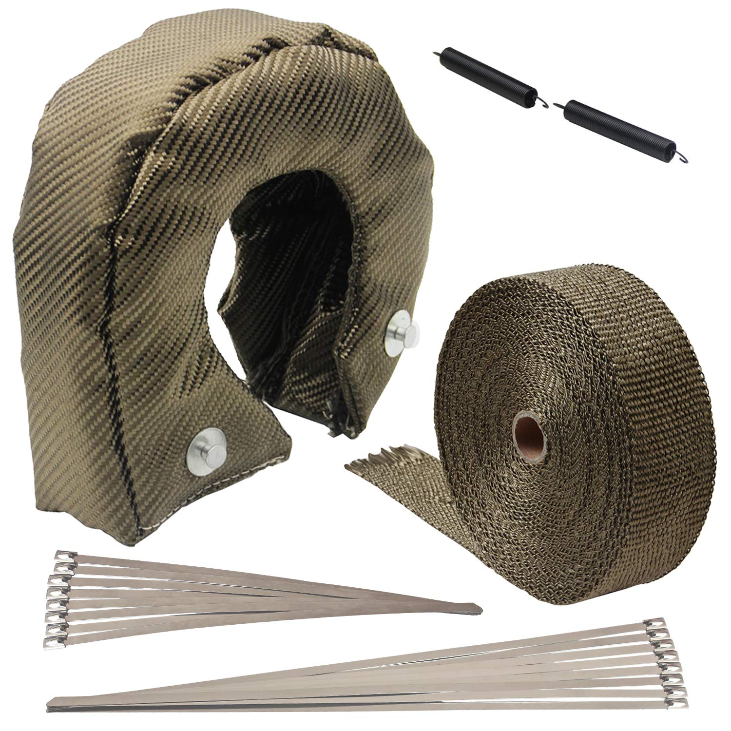 LEDAUT 2" x 50' Titanium Exhaust Heat Wrap Roll and T5 T6 Titanium Turbocharger lCover Blanket with Stainless Ties and Fastener Springs for Car Motorcycle Fiberglass Heat Shield Tape Cover Wrap