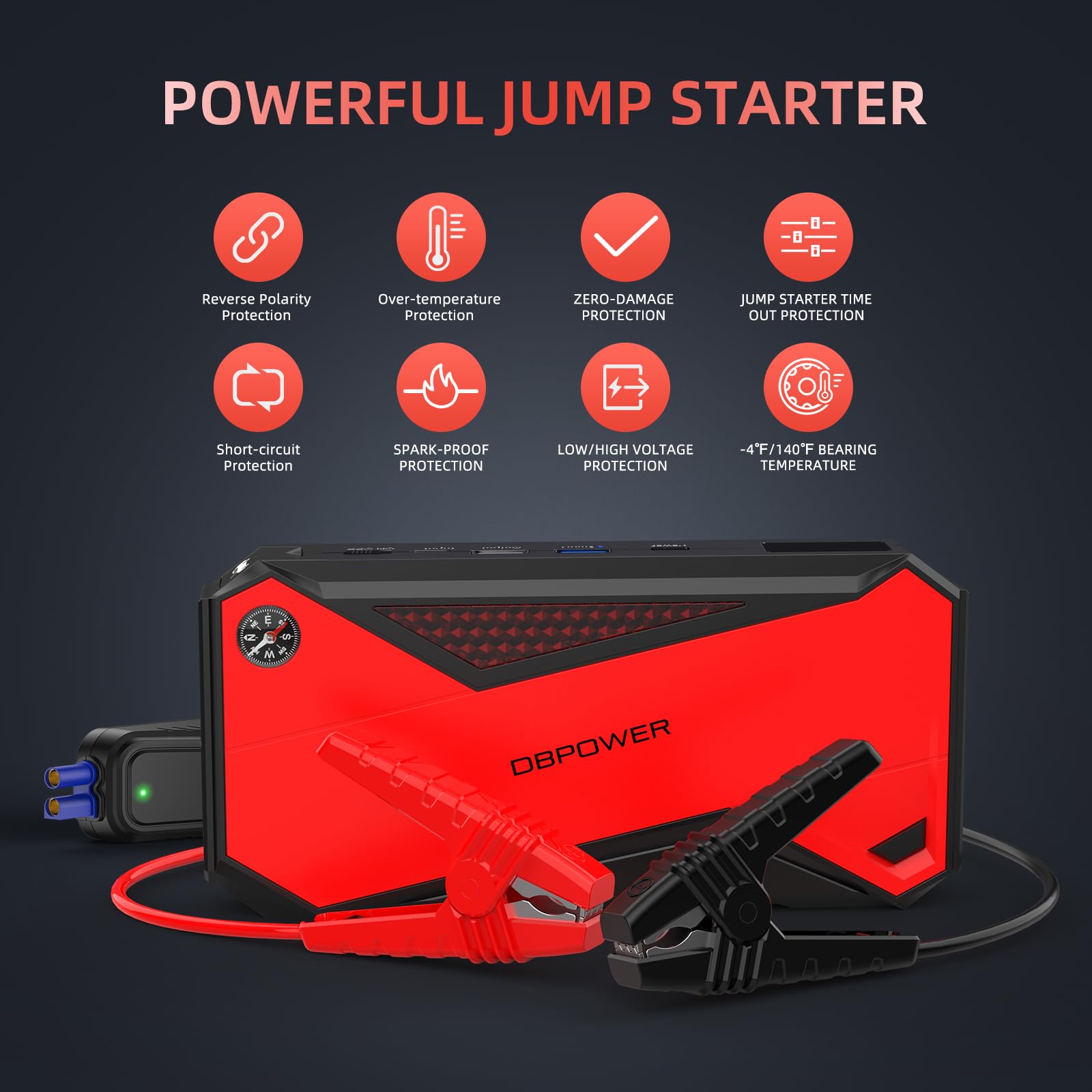 DBPOWER 800A Peak 18000mAh Portable Car Jump Starter (up to 7.2L Gas/5.5L Diesel Engine) Portable Battery Booster with LCD Screen (Red)