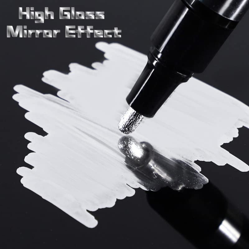 4Pcs Liquid Mirror Chrome Marker Set, DIY Silver & Gold Alcohol Paint Pump Pens(1mm,3mm), Double Pack of Both Fine and Medium Tip Paint Markers for on Any Surface, Get 2 Replaceable Nibs 2mm FREE