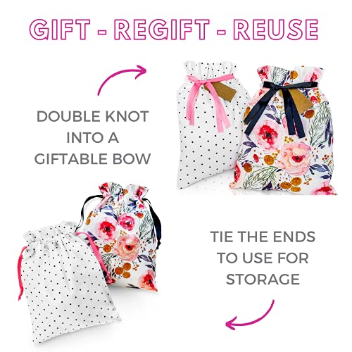 Gather & Knot Drawstring Gift Bags | 16" Medium | Premium Canvas | Reusable Fabric Wrap for Valentines, Weddings, Bridesmaids, Birthdays - All Occasion | Pink Floral