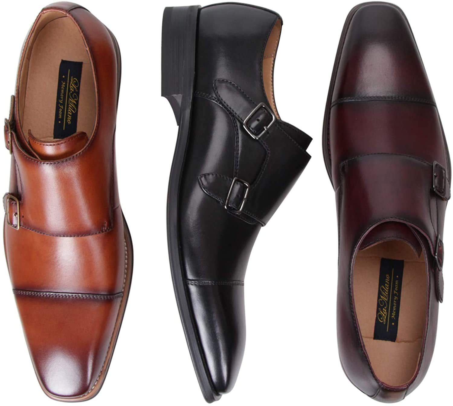 La Milano Mens Double Monk Strap Slip on Loafer Cap Toe Leather Oxford Formal Business Casual Comfortable Dress Shoes for Men