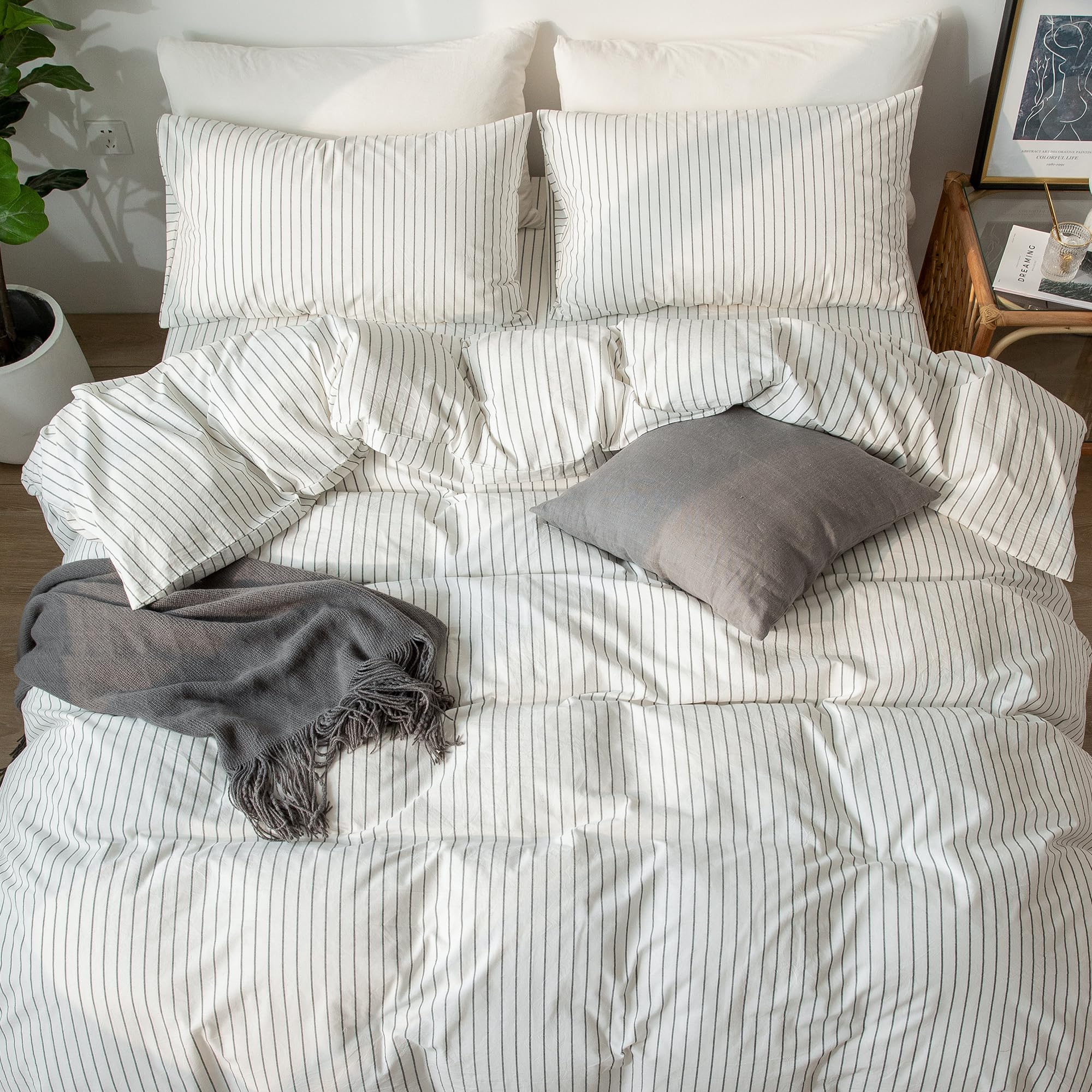 MooMee Striped Duvet Cover Set 100% Washed Cotton Linen Like Textured Breathable Durable Soft Comfy (White Dark Grey Wide Stripes, Queen)