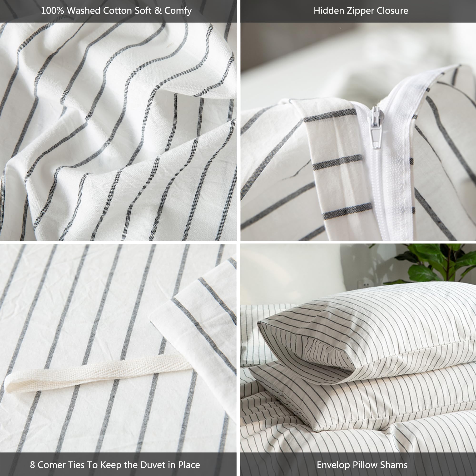 MooMee Striped Duvet Cover Set 100% Washed Cotton Linen Like Textured Breathable Durable Soft Comfy (White Dark Grey Wide Stripes, Queen)