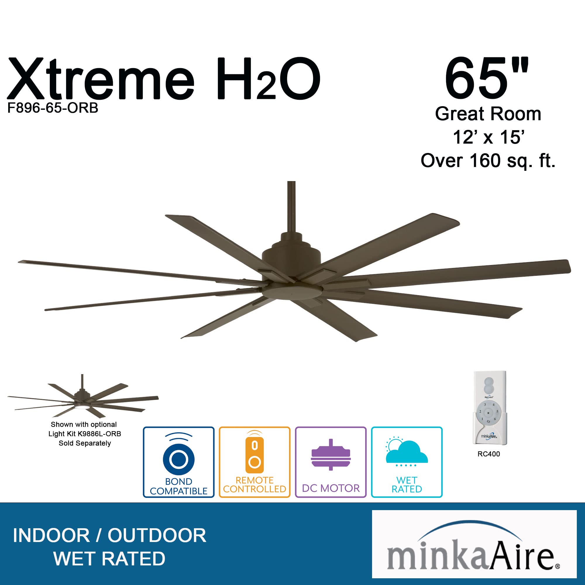 MINKA-AIRE F896-65-ORB Xtreme H2O 65 Inch Outdoor Ceiling Fan with DC Motor in Oil Rubbed Bronze Finish