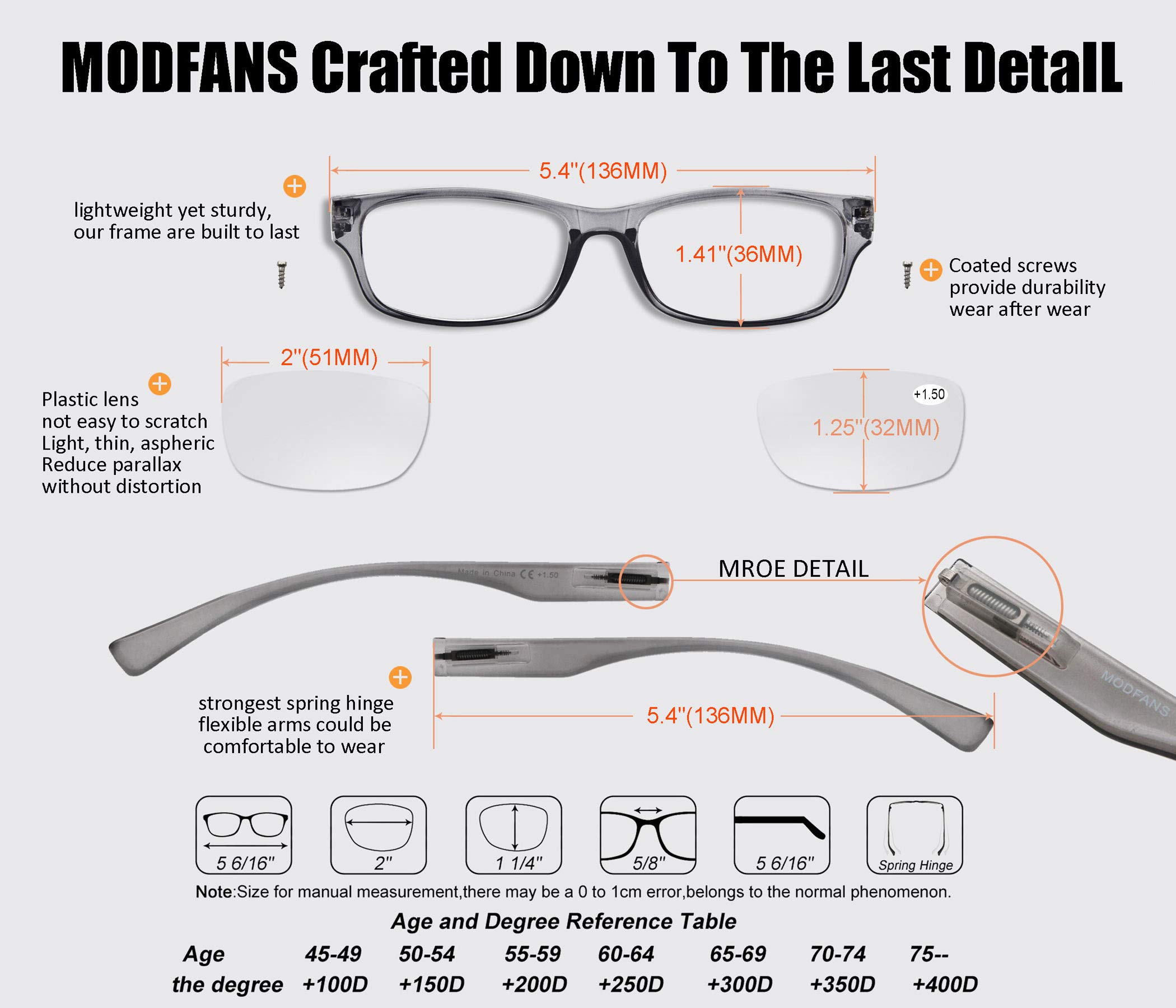 MODFANS 3 Pack Plastic Frame Spring Hinges Reading Glasses Vintage Quality Comfort for Men and Women +3.50