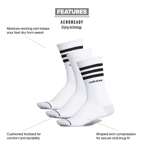 adidas Men's 3-Stripe Crew Socks (3-Pair), White/Black/Clear Onix Grey, Large