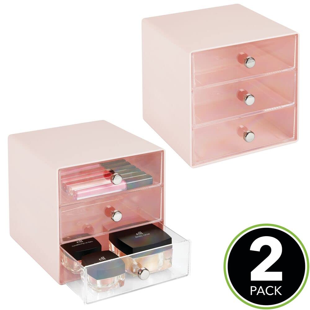 mDesign Plastic 3 Drawer Cosmetic Organizer - Stackable Storage Cube with Pull-Out Drawers for Bathroom Countertop, Vanity, Desk - Makeup Storage Drawers, Lumiere Collection, 2 Pack, Light Pink/Clear