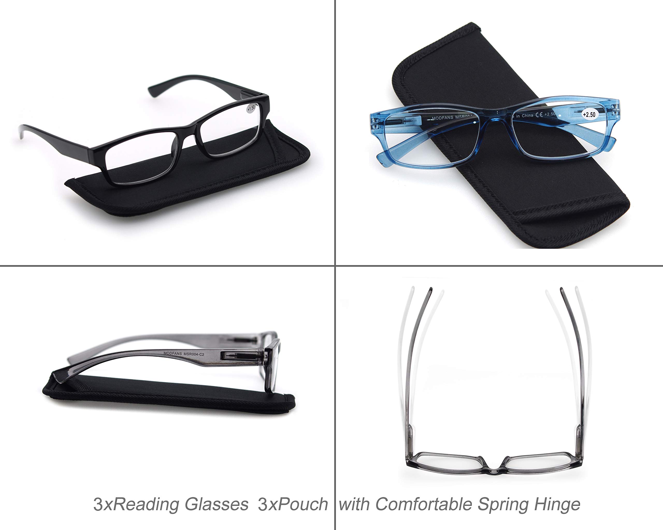 MODFANS 3 Pack Plastic Frame Spring Hinges Reading Glasses Vintage Quality Comfort for Men and Women +3.50