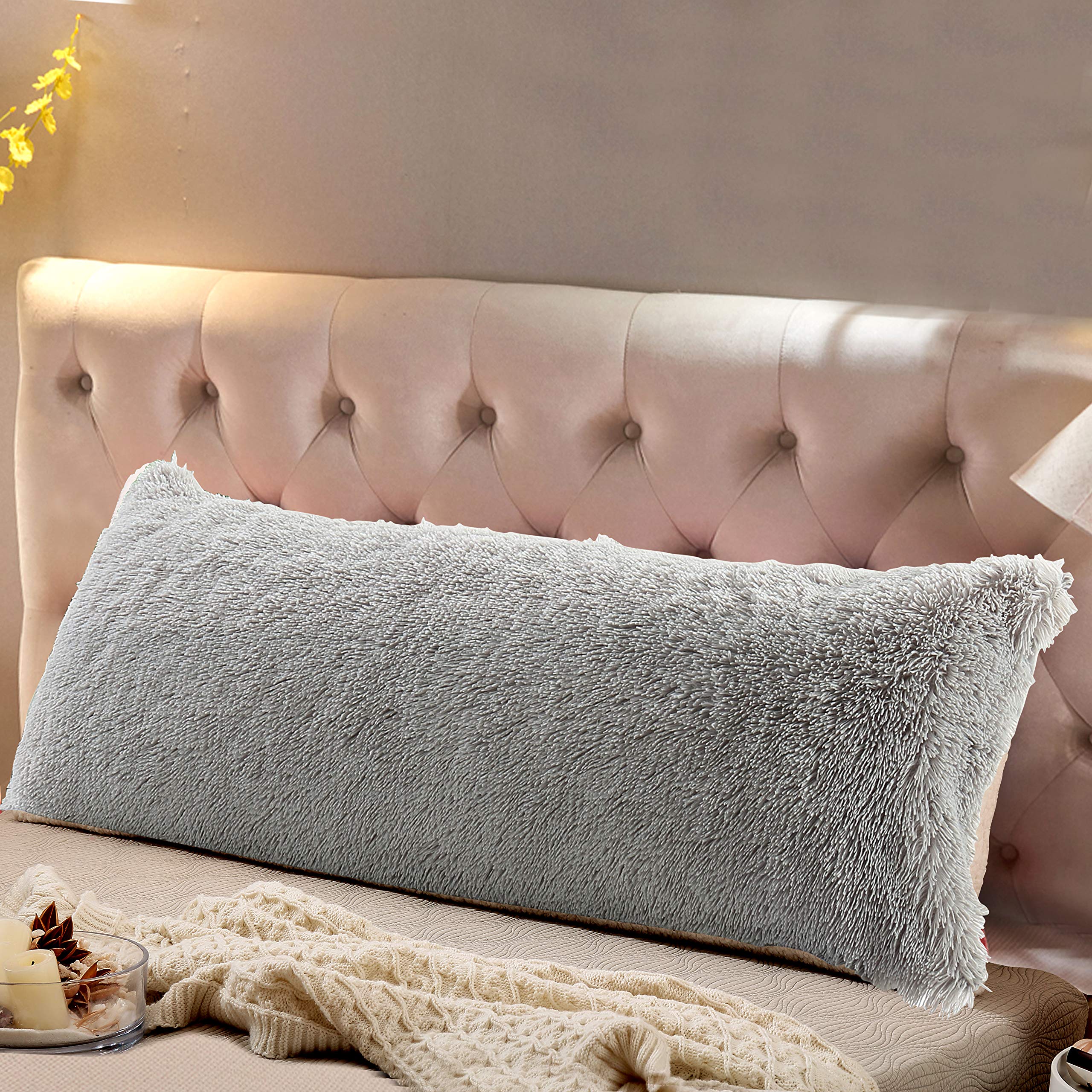 Reafort Luxury Long Hair, PV Fur, Faux Fur Body Pillow Cover/Case 21"x54" with Zipper Closure (21"x54" Body Pillow Cover, Grey)