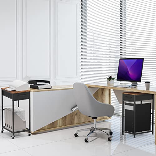 Computer Tower Stand PC Tower Stand with Storage Drawer 2 Tier Wood Rolling CPU Holder Stand Mobile Printer Cart on Wheels for Home Office, Industiral Brown and Black