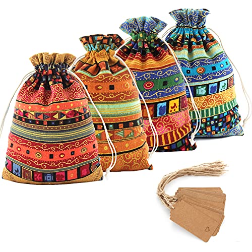 24 Pieces Egyptian Ethnic Style Jewelry Candy Pouch,5 x 7 Inch Small Drawstring Gift Bags Cotton Cloth Sachet with Tags and Ropes for Coin Party Favor Retail Supply Wedding Holiday (5 x 7inch,Mixed Color)
