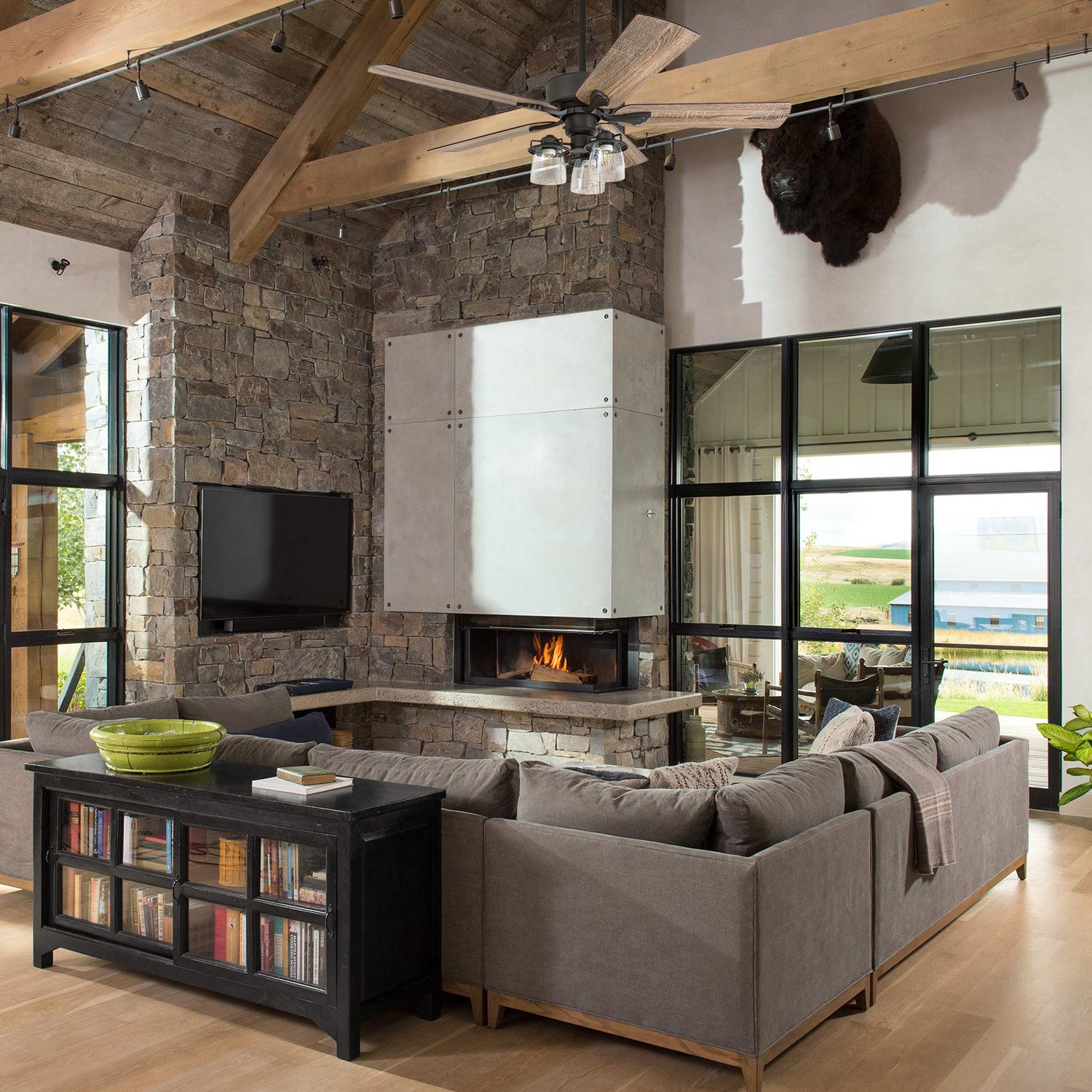 Prominence Home River Run, 52 Inch Farmhouse LED Ceiling Fan with Light, Pull Chain, Three Mounting Options, 5 Dual Finish Blades, Reversible Motor - 50566-01 (Bronze)