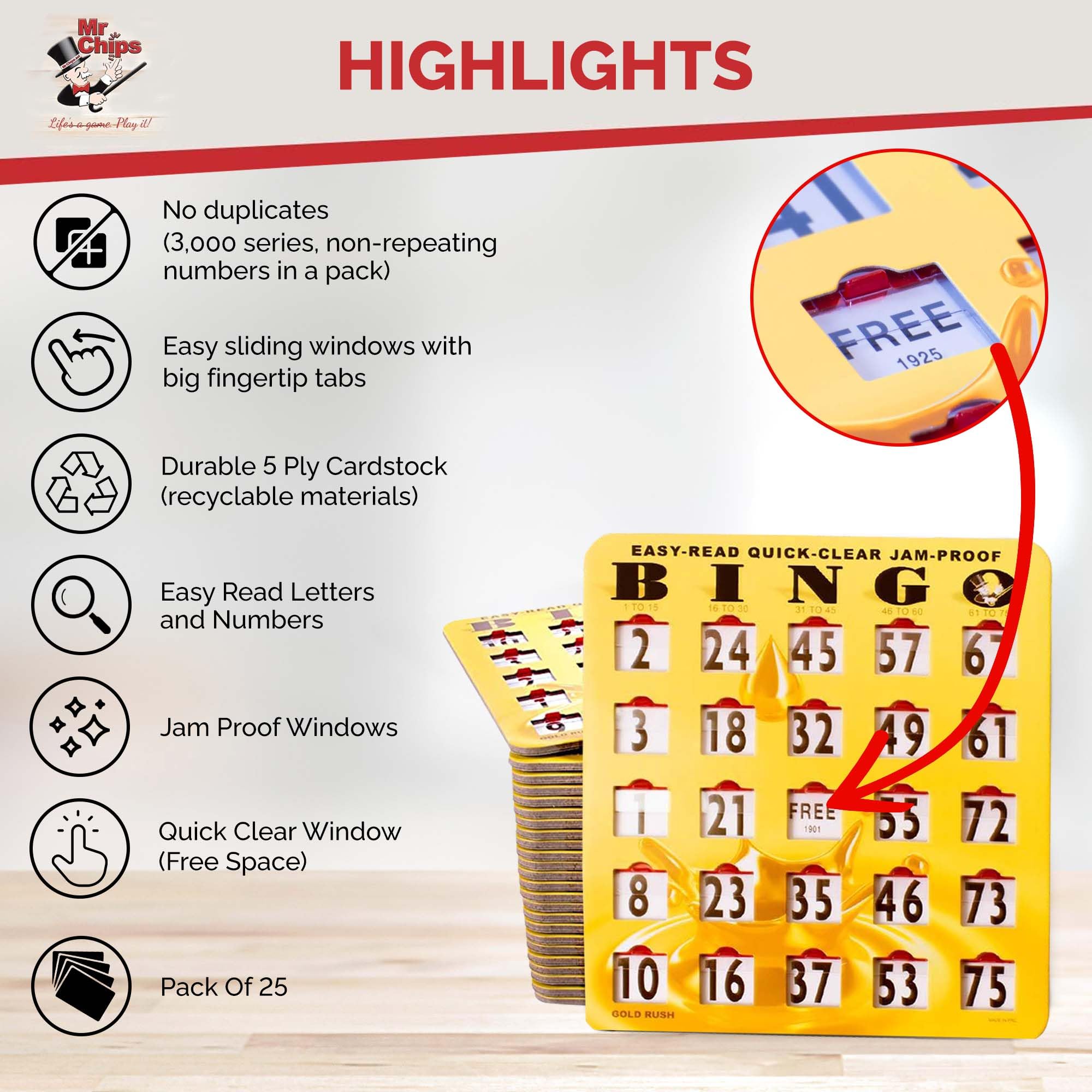 MR CHIPS Jam-Proof Easy-Read Quick-Clear Large Print Fingertip Slide Bingo Cards with Sliding Windows 25 Pack in Gold Rush Style