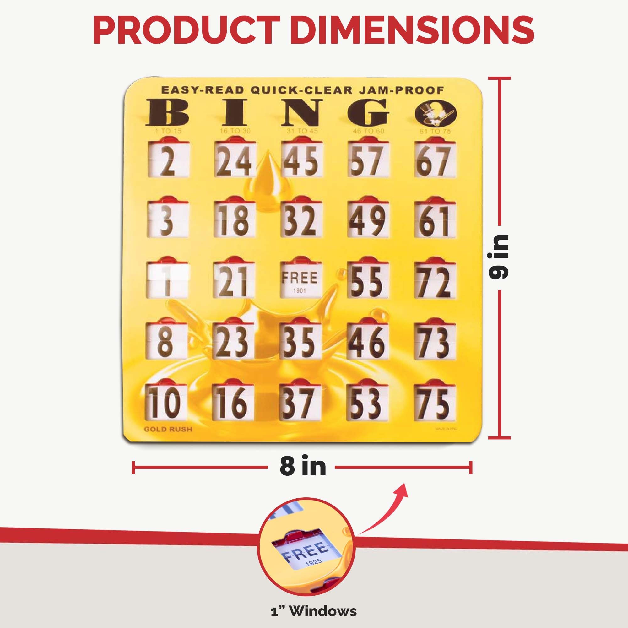 MR CHIPS Jam-Proof Easy-Read Quick-Clear Large Print Fingertip Slide Bingo Cards with Sliding Windows 25 Pack in Gold Rush Style