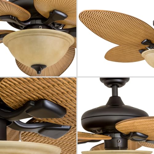 Honeywell Ceiling Fans Palm Valley, 52 Inch Tropical Indoor Outdoor Ceiling Fan with Light, Pull Chain, Three Mounting Options, 5 Palm Leaf Blades, Reversible Motor - 50507-01 (Bronze)