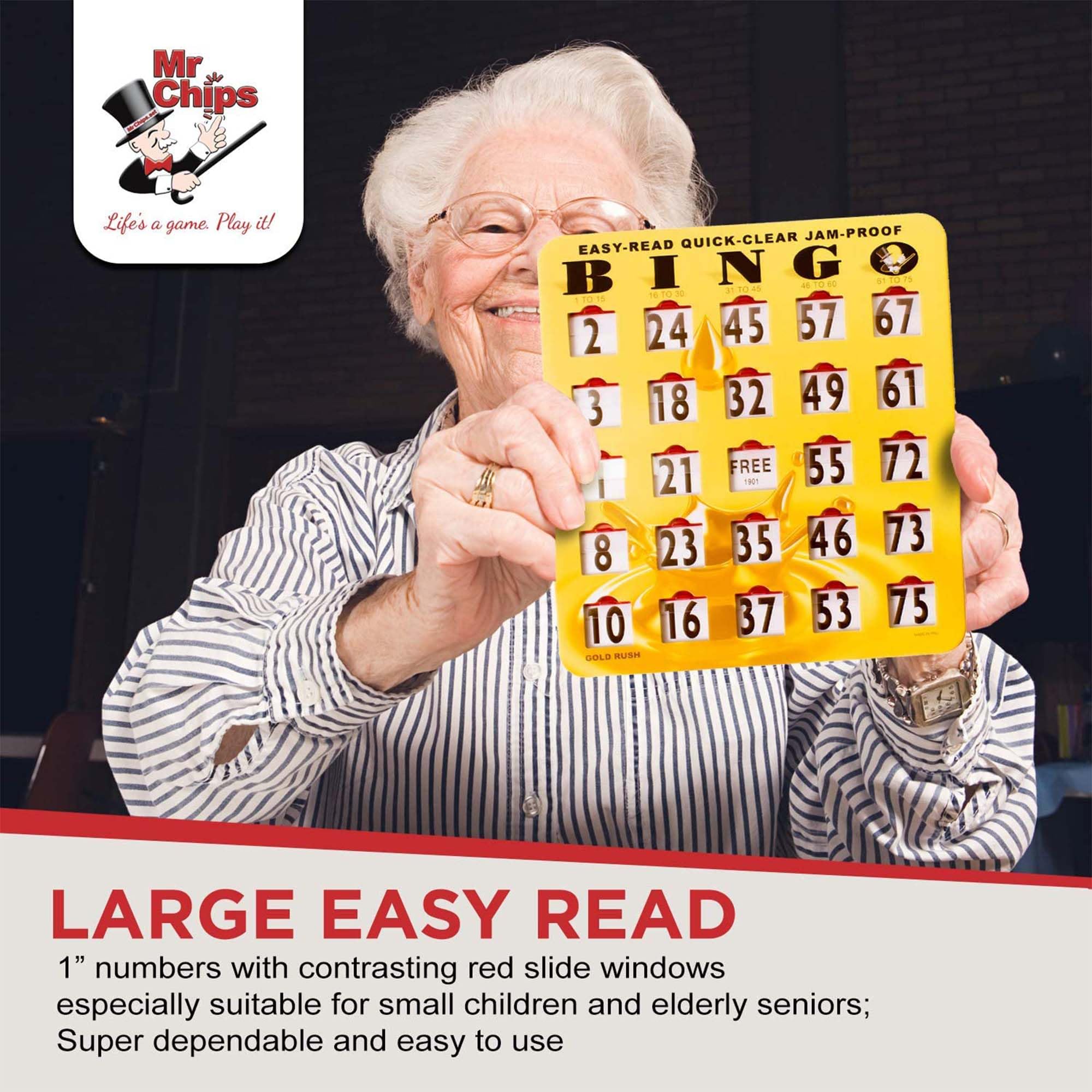 MR CHIPS Jam-Proof Easy-Read Quick-Clear Large Print Fingertip Slide Bingo Cards with Sliding Windows 25 Pack in Gold Rush Style