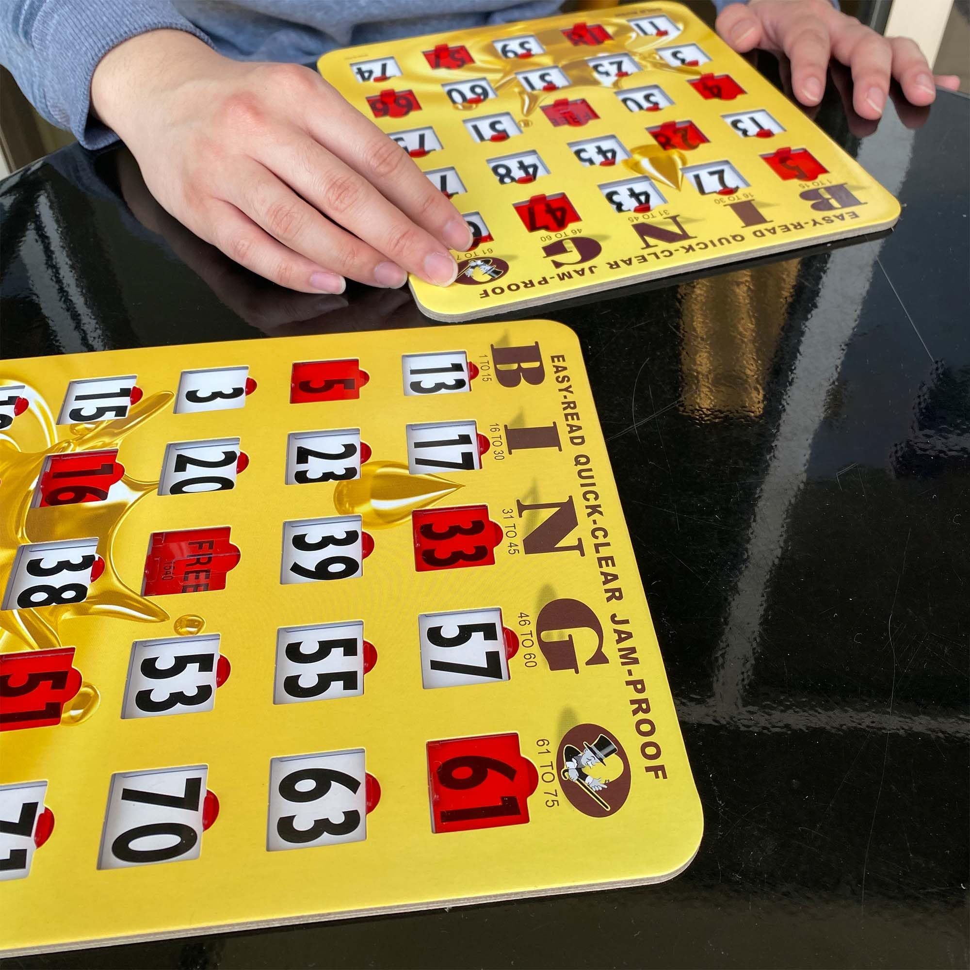 MR CHIPS Jam-Proof Easy-Read Quick-Clear Large Print Fingertip Slide Bingo Cards with Sliding Windows 25 Pack in Gold Rush Style