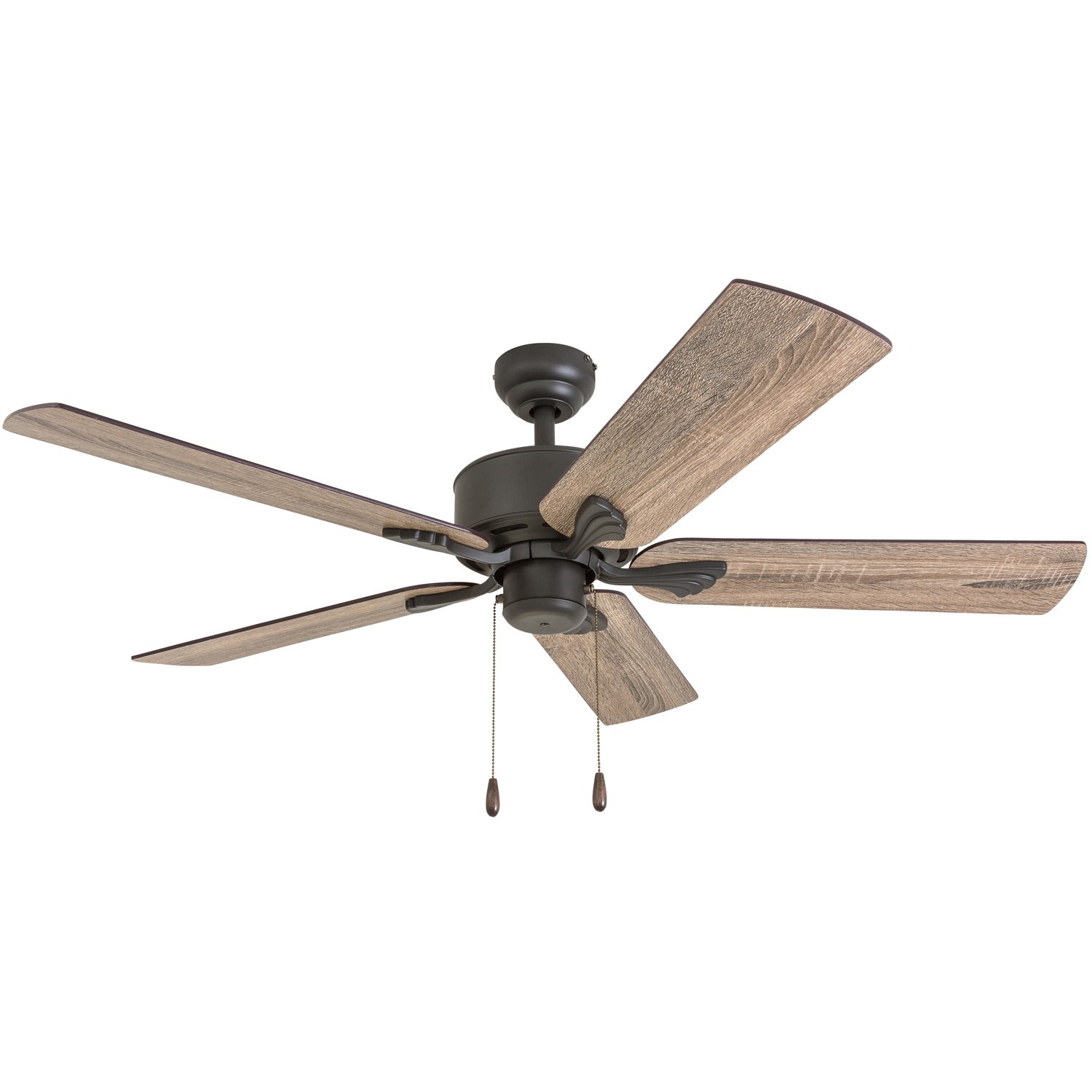 Prominence Home River Run, 52 Inch Farmhouse LED Ceiling Fan with Light, Pull Chain, Three Mounting Options, 5 Dual Finish Blades, Reversible Motor - 50566-01 (Bronze)