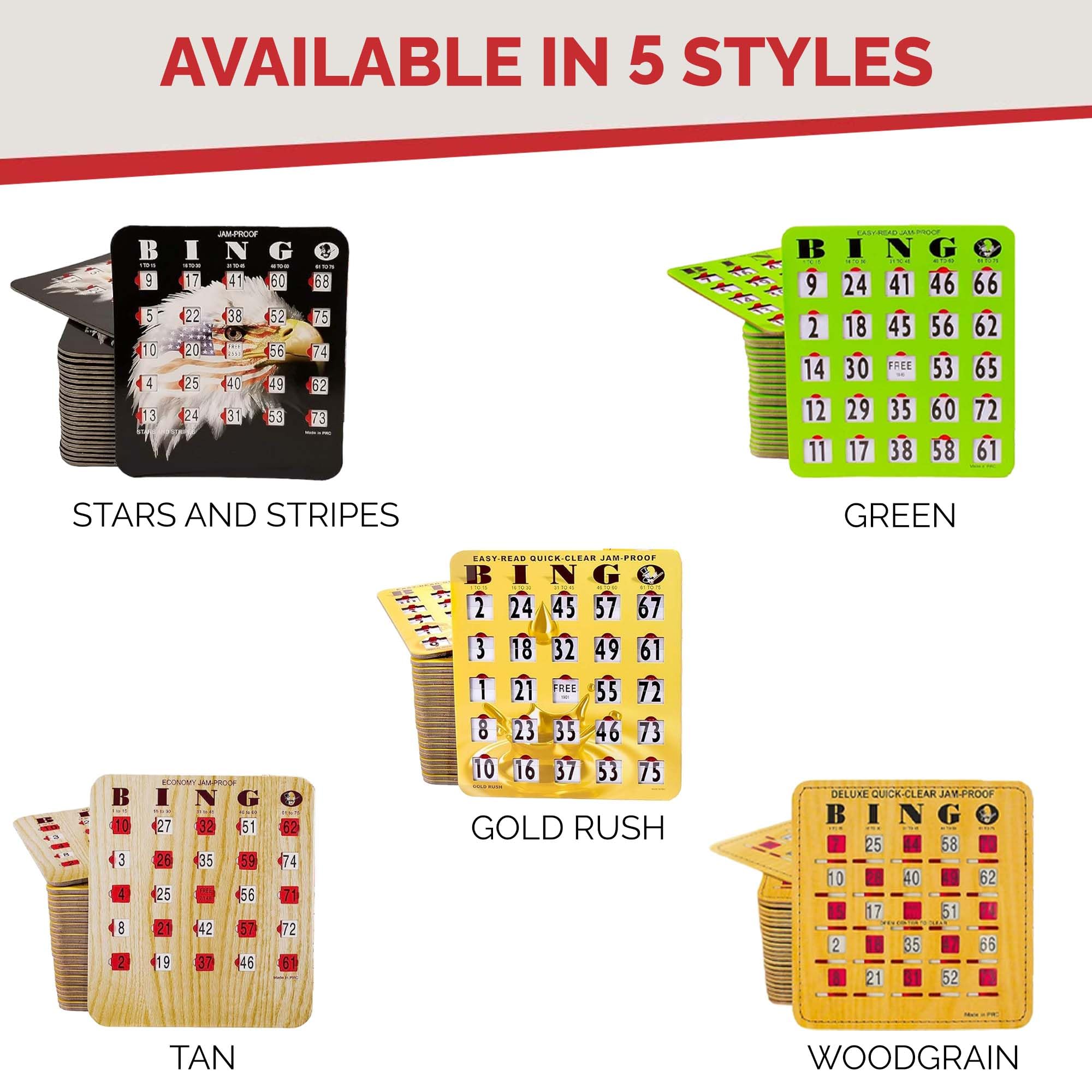 MR CHIPS Jam-Proof Easy-Read Quick-Clear Large Print Fingertip Slide Bingo Cards with Sliding Windows 25 Pack in Gold Rush Style