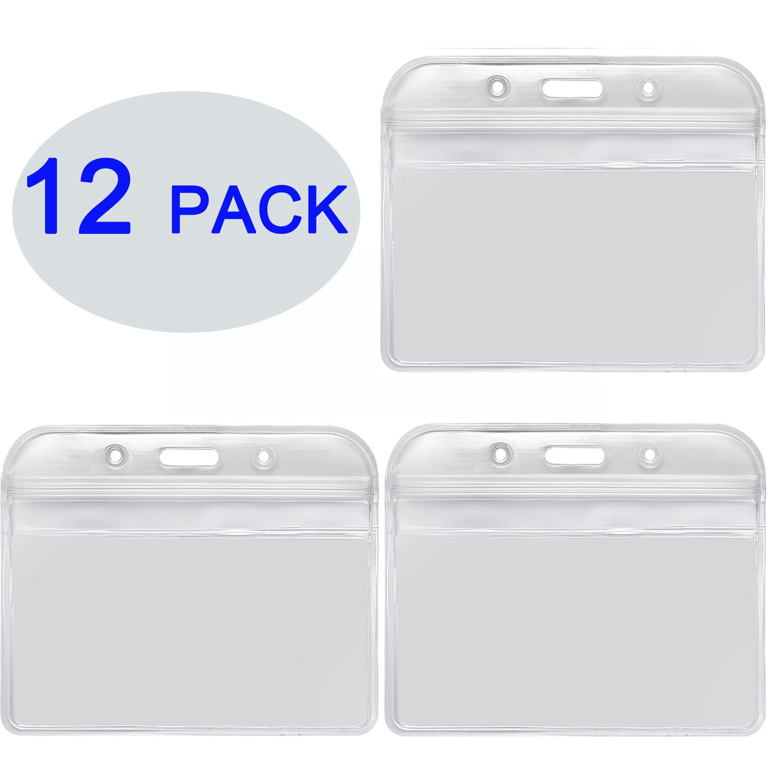 YOUOWO 12 Pack Horizontal ID Card Badge Holders 3.2 x 3.85 inches, Fits 2.3 x 3.5 Name Tag Insert Waterproof Punched Zipper Resealable Clear Plastic Labels Credit Cards