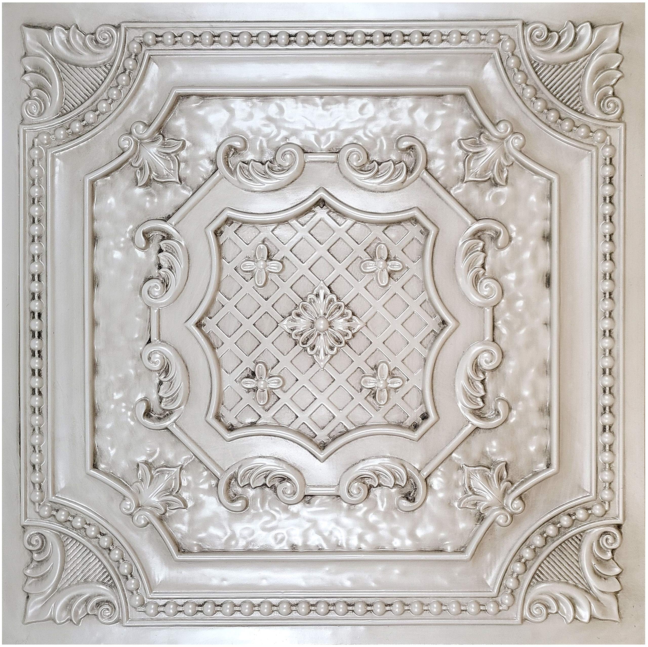Faux Tin Glue up or Drop in Ceiling Tile TD04 Antique White. Pack of 10 2'X2' tiles ~ 40 sq.ft. Easy to install PVC panels, great for DIY projects. Gorgeous antique vintage look ceilings 3D wall decor