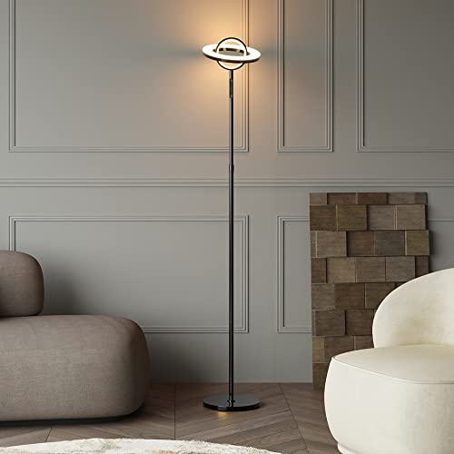 WAMPAT Floor Lamp,Black Bright Modern LED Floor Lamps,Tall Standing Lamp for Living Room,Bedroom,Remote&Touch Control Stepless Dimmable Light,Retractable Stand,2 Planet Idea Rotating Lights