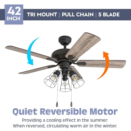 Prominence Home Madison County, 42 Inch Industrial Style LED Ceiling Fan with Light, Pull Chain, Three Mounting Options, Modern Dual Finish Blades, Reversible Motor - 50588-01 ( Bronze)