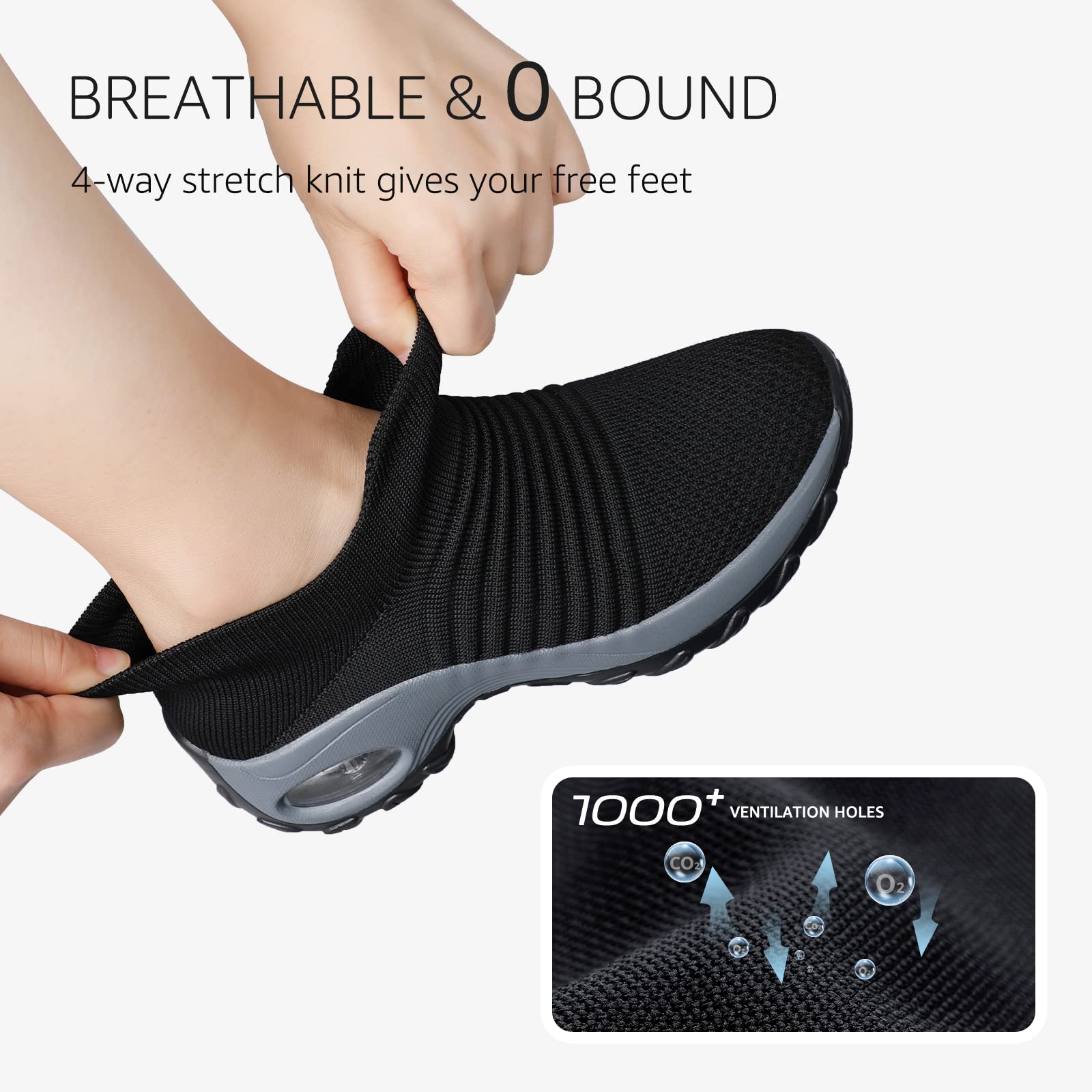 STQ Womens Slip on Walking Shoes Breathable Non Slip Work Shoes Comfortable Air Cushion Orthopedic Sneakers with Arch Support Black 7.5