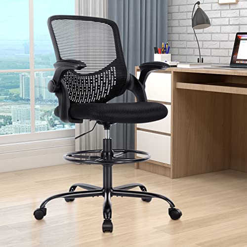 Tall Office Chair, Drafting Chair, Standing Desk Chair, High Adjustable Office Mesh Chair, Ergonomic Counter Height Computer Rolling Chair with Flip-up Armrests and Foot-Ring for Bar Height Desk