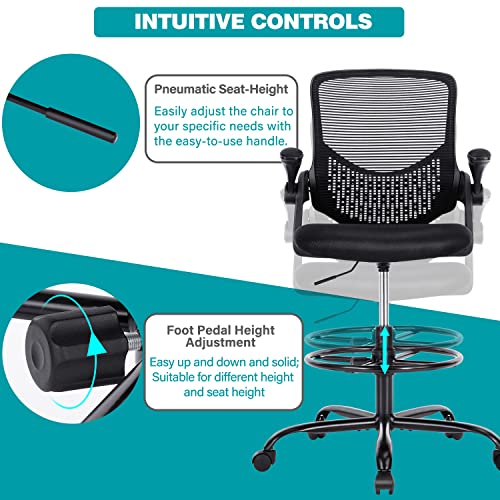 Tall Office Chair, Drafting Chair, Standing Desk Chair, High Adjustable Office Mesh Chair, Ergonomic Counter Height Computer Rolling Chair with Flip-up Armrests and Foot-Ring for Bar Height Desk