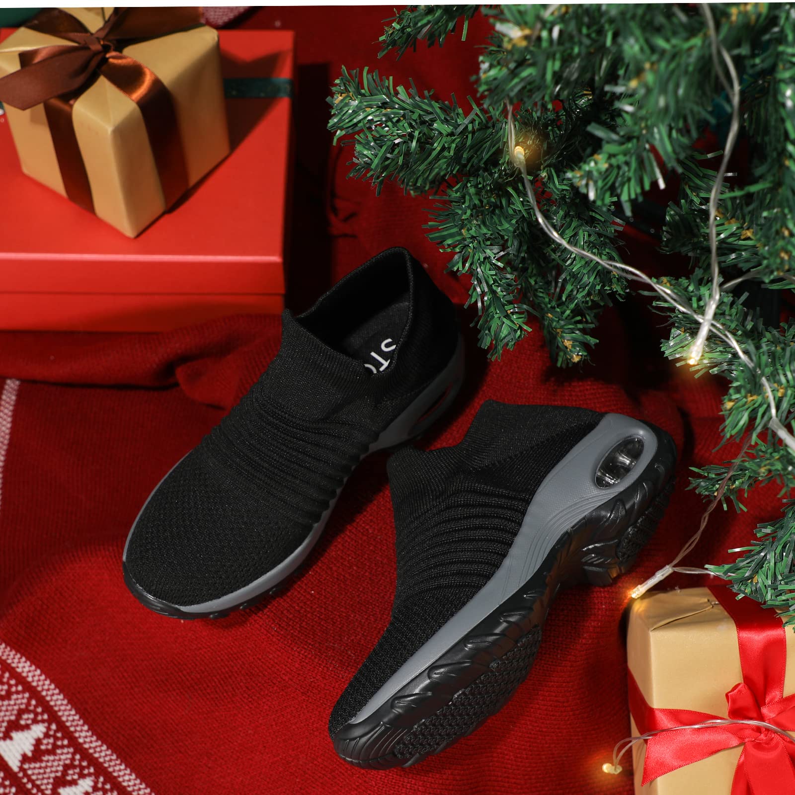 STQ Womens Slip on Walking Shoes Breathable Non Slip Work Shoes Comfortable Air Cushion Orthopedic Sneakers with Arch Support Black 7.5