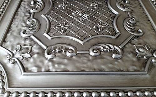 Faux Tin Glue up Drop in Ceiling Tile #TD04 Antique Silver. Pack of 10 2'X2' tiles covers 40 sq.ft. Easy to install PVC panels, great for DIY projects - antique vintage look ceiling, 3D wall paneling