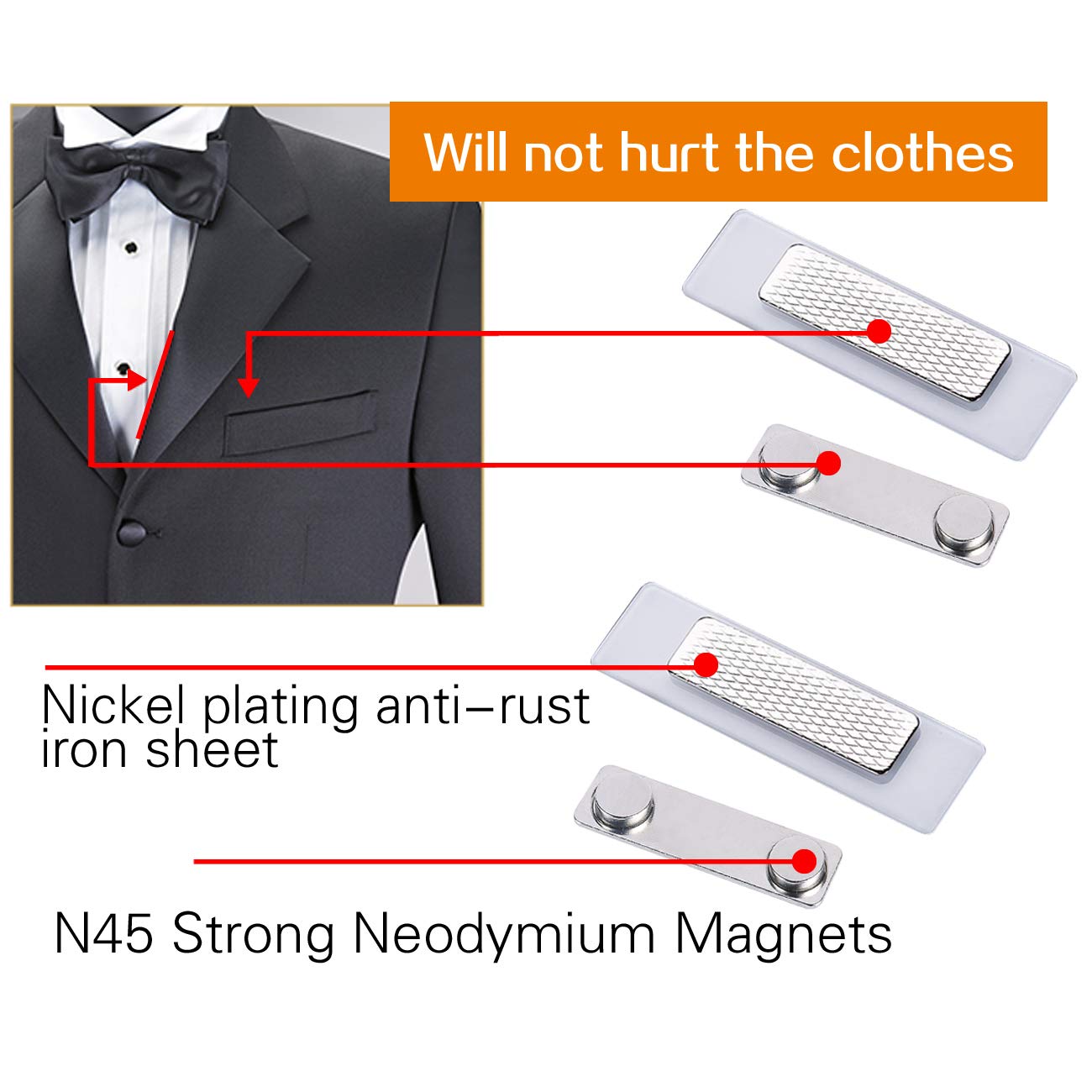 Strong Magnetic Name Badge Holders with Steel Back Plate, 100 Pack Name Tags/ID Badge Magnets, Fastener with 3M Adhesive on Front Plate,Strength Neodymium Magnets
