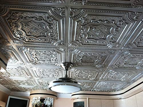 Faux Tin Glue up Drop in Ceiling Tile #TD04 Antique Silver. Pack of 10 2'X2' tiles covers 40 sq.ft. Easy to install PVC panels, great for DIY projects - antique vintage look ceiling, 3D wall paneling