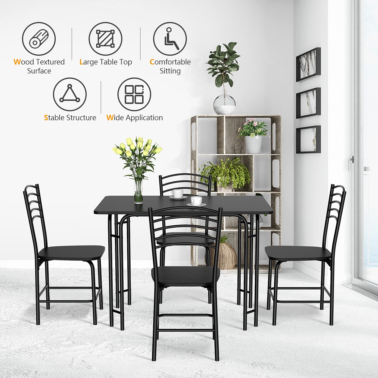 Giantex 5 PCS Dining Table Set 4 Person, Modern Kitchen Table and 4 Chairs, Wooden Top and Metal Legs, Home Dining Room Breakfast Furniture Rectangular Table, Black