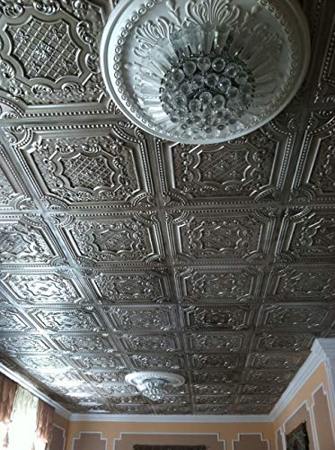Faux Tin Glue up Drop in Ceiling Tile #TD04 Antique Silver. Pack of 10 2'X2' tiles covers 40 sq.ft. Easy to install PVC panels, great for DIY projects - antique vintage look ceiling, 3D wall paneling