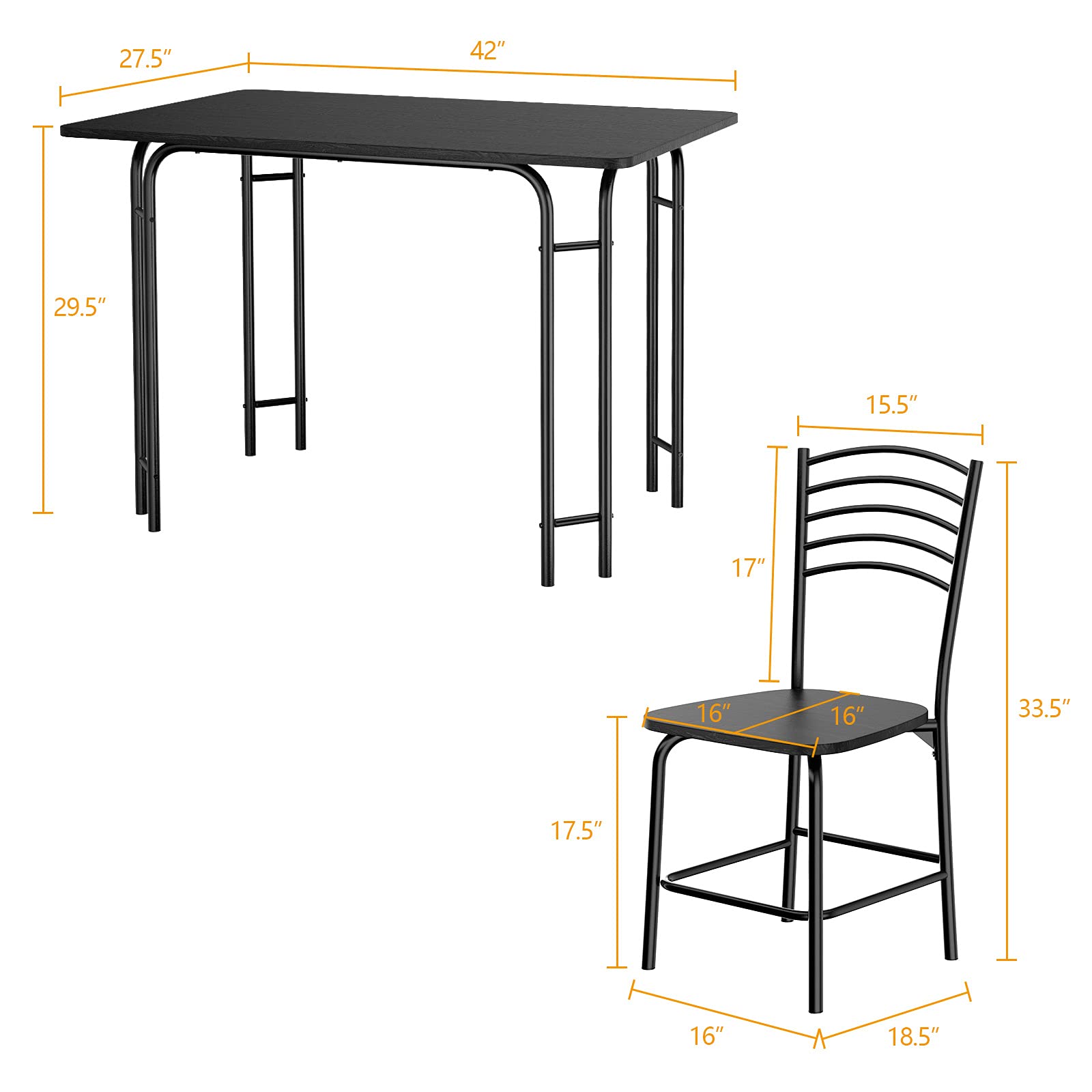 Giantex 5 PCS Dining Table Set 4 Person, Modern Kitchen Table and 4 Chairs, Wooden Top and Metal Legs, Home Dining Room Breakfast Furniture Rectangular Table, Black
