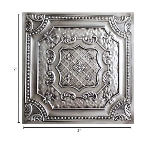 Faux Tin Glue up Drop in Ceiling Tile #TD04 Antique Silver. Pack of 10 2'X2' tiles covers 40 sq.ft. Easy to install PVC panels, great for DIY projects - antique vintage look ceiling, 3D wall paneling