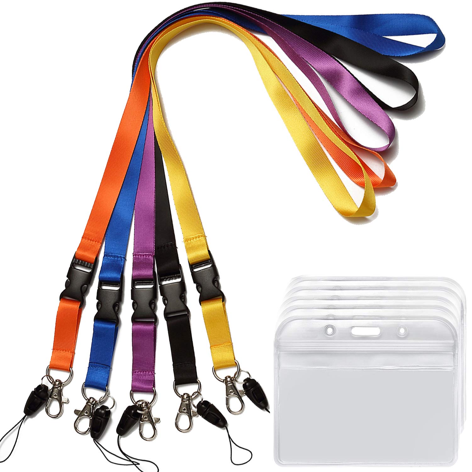 YOUOWO 5 Pack Lanyards with ID Badge Holder Neck Office Lanyards with Horizontal Name tag Card Holders Cruise lanyards for id Badges Holder Black Blue Yellow Orange Purple Lanyards