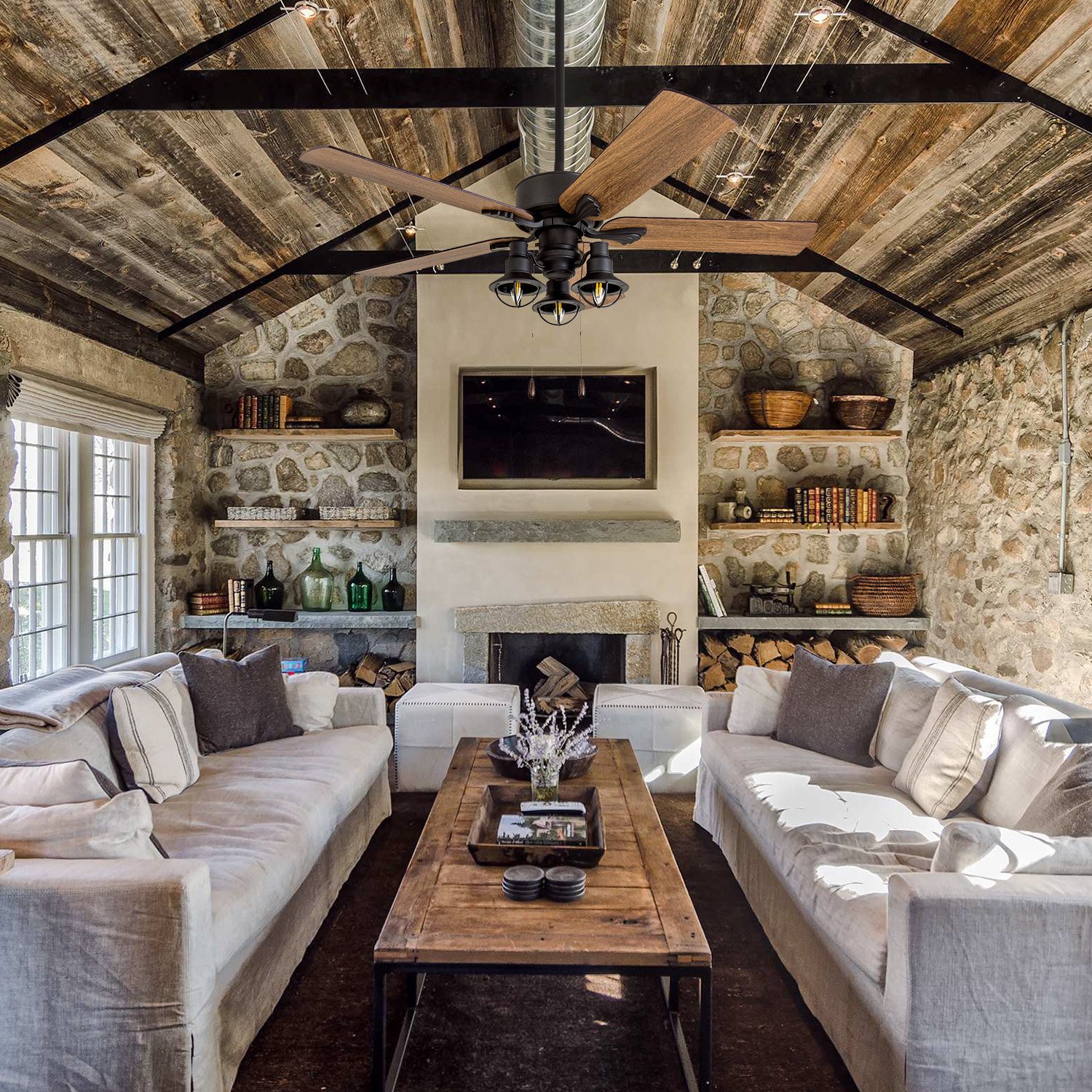 Prominence Home Sivan, 52 Inch Farmhouse LED Ceiling Fan with Light, Pull Chain, Three Mounting Options, 5 Dual Finish Blades, Reversible Motor - 50651-01 (Bronze)
