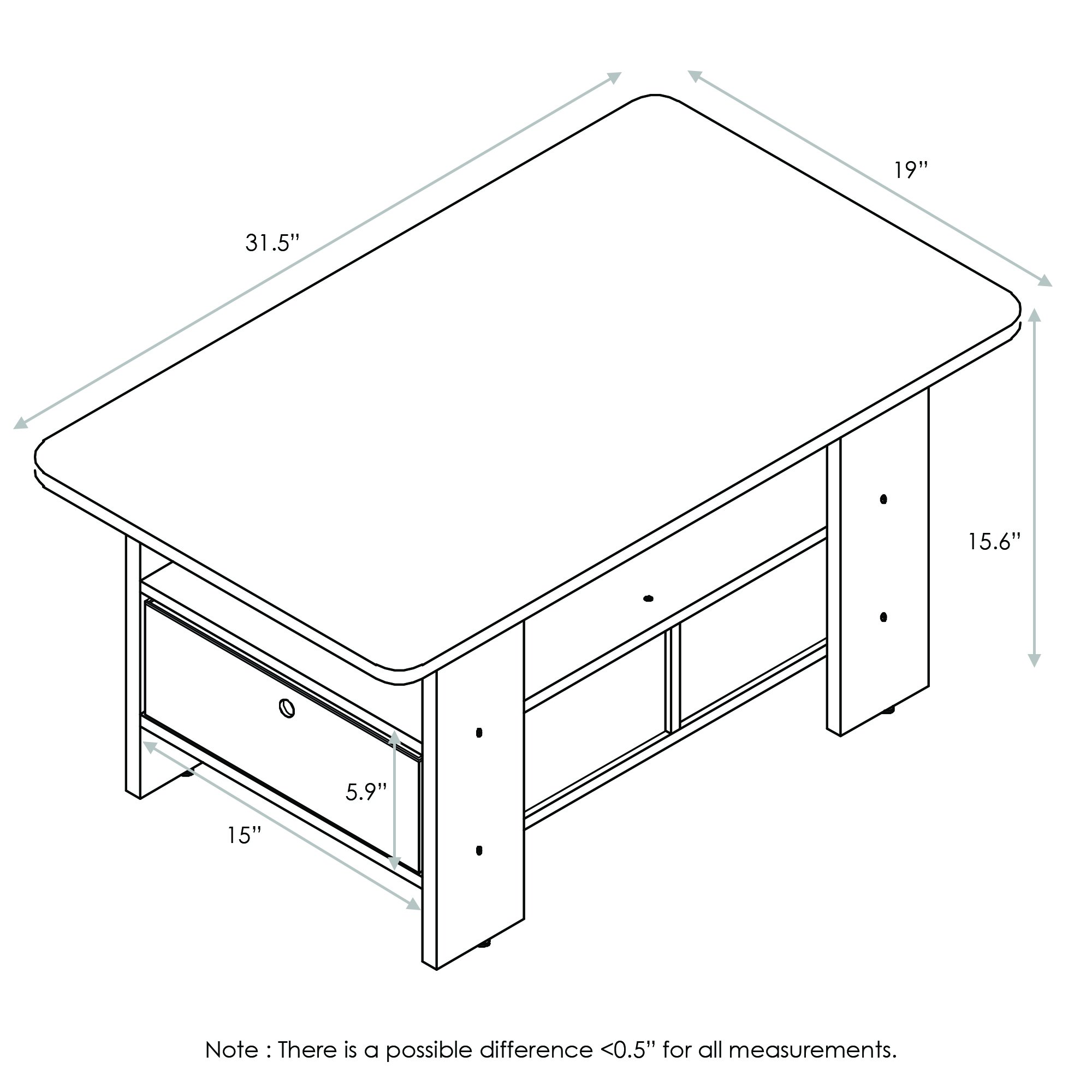 Furinno Andrey Coffee Table with Bin Drawer, Dark Walnut