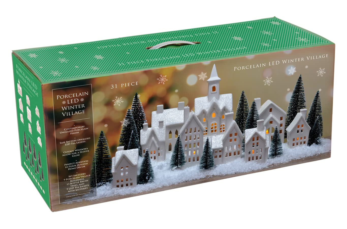 Mark Feldstein & Associates Winter Village LED Tea Light 31 Piece Porcelain Tabletop Christmas Figurine Boxed Set
