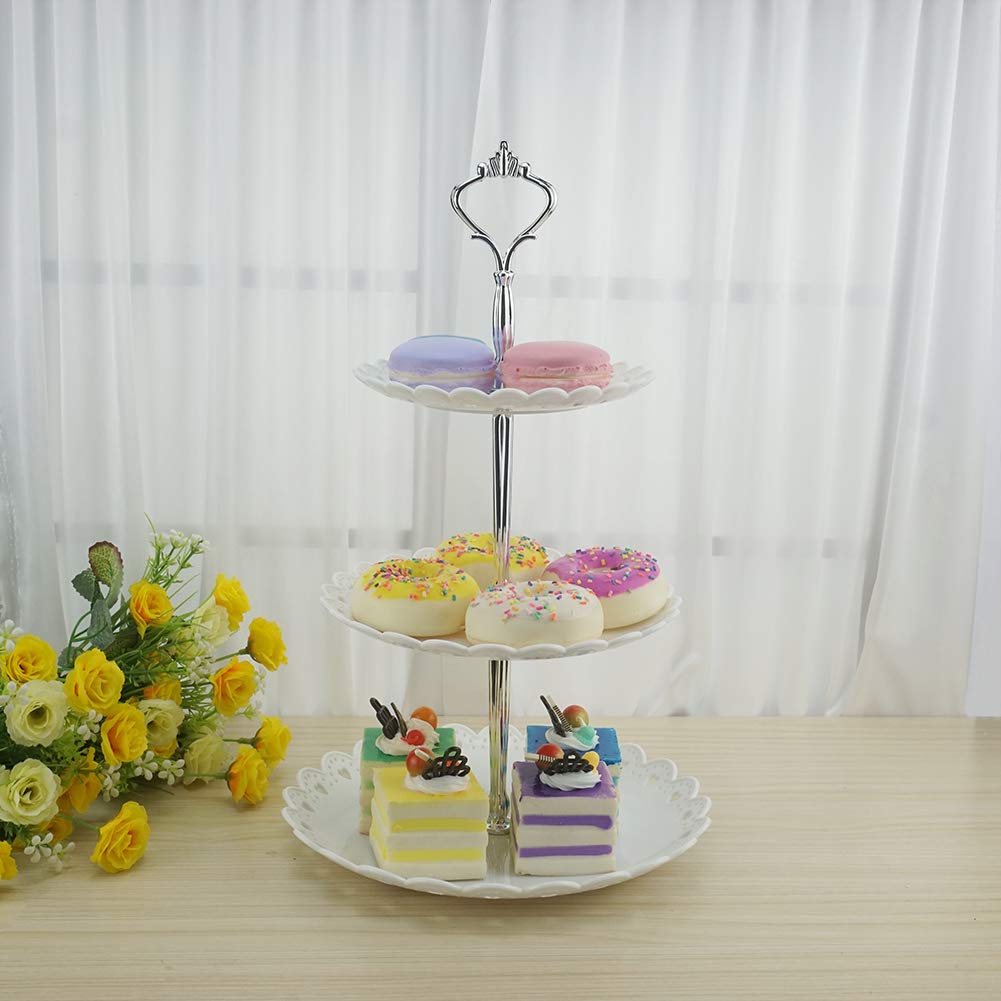 3-Tier White Silver Plastic Dessert Stand Pastry Stand Cake Stand Cupcake Stand Holder Serving Platter for Party Wedding Home Decor-Small-Set of 2