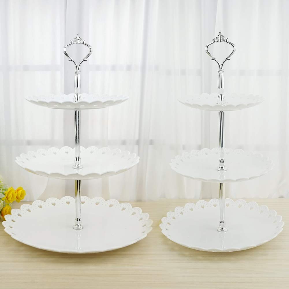 3-Tier White Silver Plastic Dessert Stand Pastry Stand Cake Stand Cupcake Stand Holder Serving Platter for Party Wedding Home Decor-Small-Set of 2