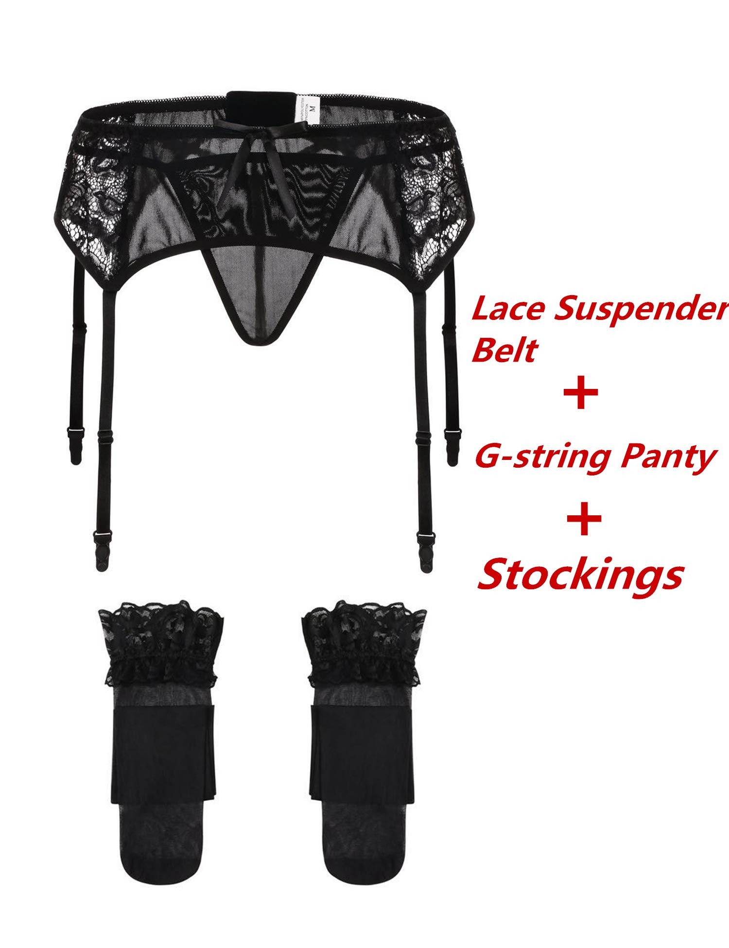 ADORELIFE Women's Floral Lace Sexy Black 4 Metal Clips Garter Belt Set (Free Stockings)
